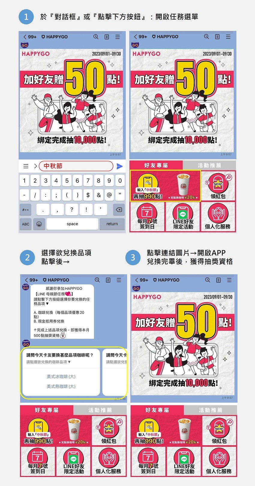 9月加入LINE綁定贈50點；綁定好友再抽點數10,000點_卡友好康_HAPPYGO_快樂購